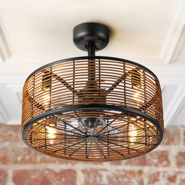 18 in. 4-Light Farmhouse Rustic Woven Rattan Fabric 7-Blade Ceiling Fan ...