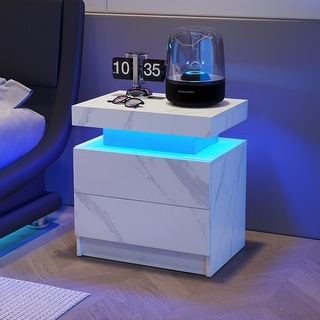Matte White LED Bedside Table with 2 Drawers - Modern Nightstand for ...