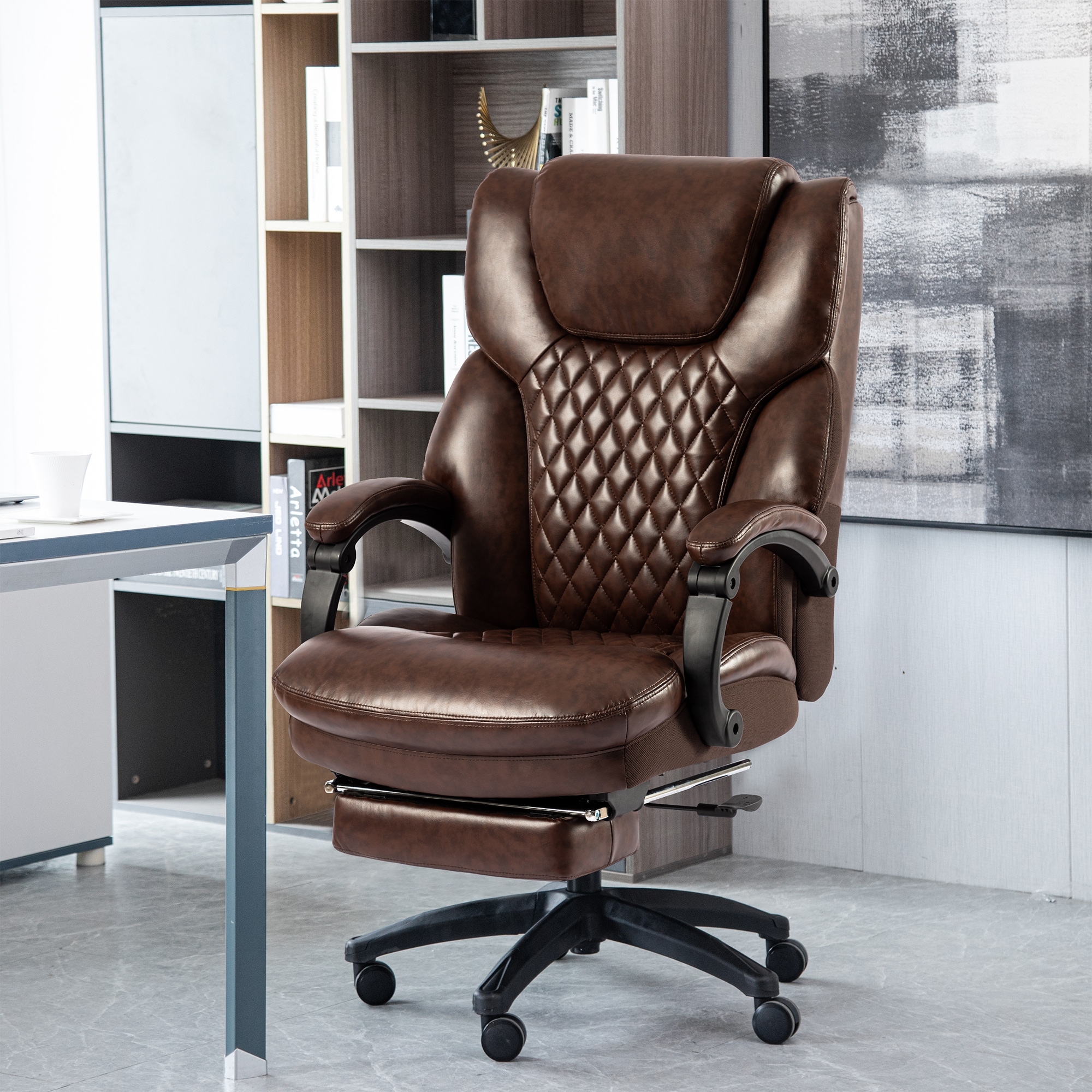 Brown Leather High Backrest Ergonomic Office Chair Can Rotate and Tilt Adjustable Height with Retractable Footstool Bed Bath Beyond 40520896