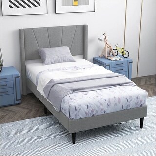 Twin Bed Frame Modern Platform Bed W/ Linen Upholstered Wingback Grey ...