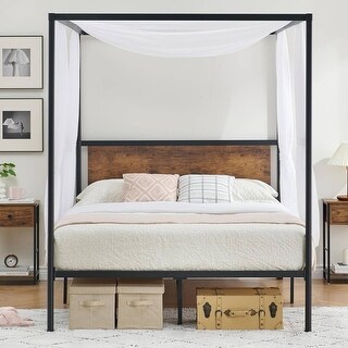 Canopy Bed Frame with Wooden Headboard with 4 Removable Sturdy Posts ...