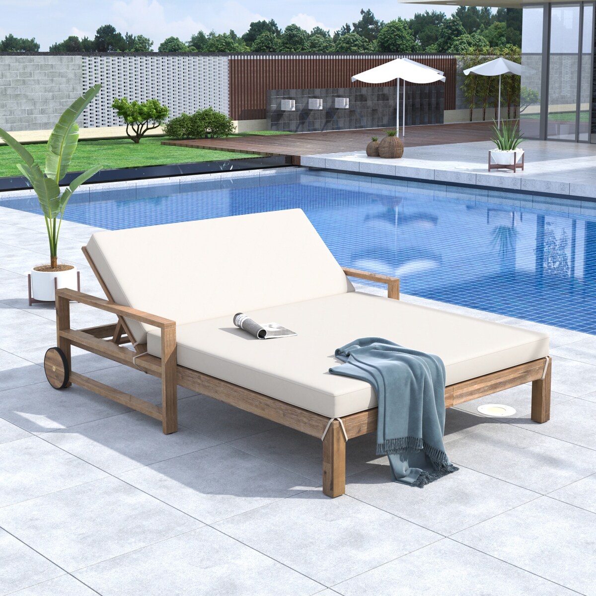 2-Person Outdoor Daybed with Adjustable Backrest, Patio Sunbed Sun ...