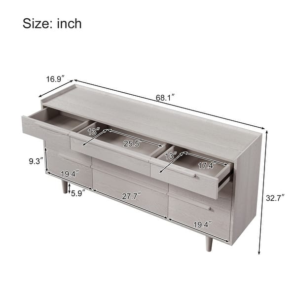 68" W 9-Drawer Wood Dresser, Stone Grey Horizontal Dresser - Bed Bath ...