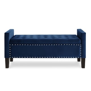 Navy Blue Velvet Storage Bench - Upholstered with Nail Trim and ...