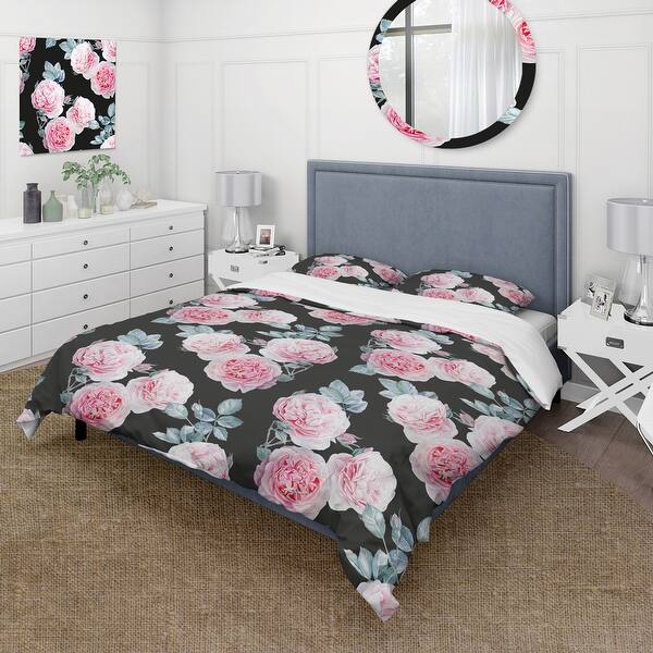 Designart 'Pink Roses Pattern With Green Leaves On Black' Traditional Duvet Cover Set - Bed Bath ...