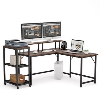 L-Shaped Corner Computer Desk with Storage Shelves and Monitor Riser ...