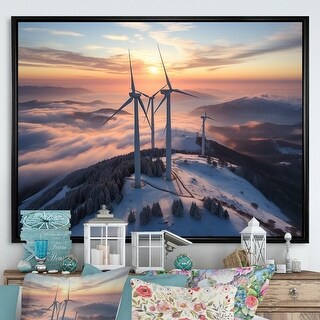 Designart "Sunset Wind Turbines Mountain View IV" Wind Turbines Yellow ...