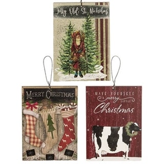 Assortment of 3 Merry Primitive Wooden Christmas Tree Ornaments - 3” L ...