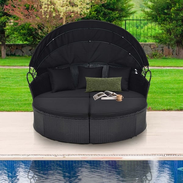 Patio Round Daybed with Retractable Canopy Rattan Sectional Seating ...