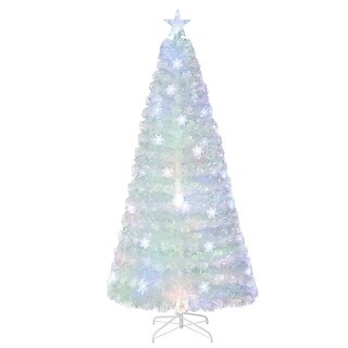 7 Feet Pre-Lit White Artificial Christmas Tree with Iridescent Leaves ...
