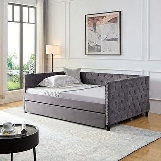 American Style Velvet Upholstered Full Daybed Square Arms with Button ...