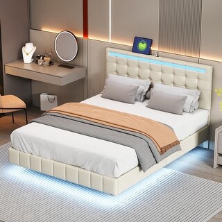Beige Queen Size Modern Platform LED Bed with LED Lights and USB ...
