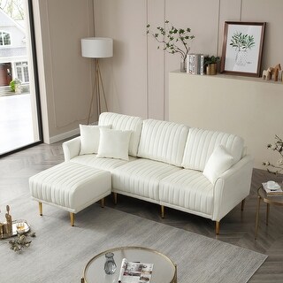 L-shaped Cream Upholstered Reversible Sectional Sofa with Ottoman - Bed ...