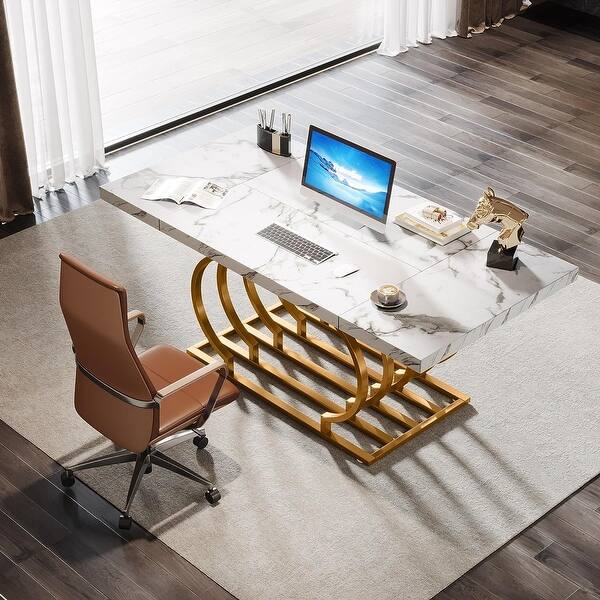 White and Gold Executive Desk, Large Computer Desk Home Office Desk ...