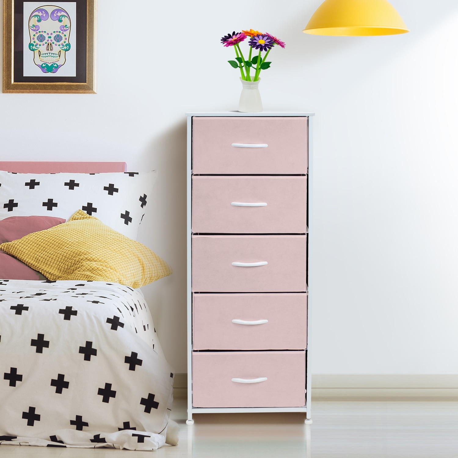 Sorbus Tall Dresser with 5 Drawers Pink