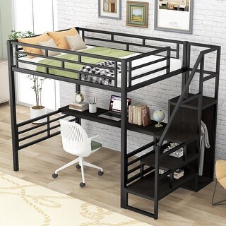Full Size Metal Loft Bed with Desk, Storage Staircase & Small Wardrobe - Bed Bath & Beyond ...