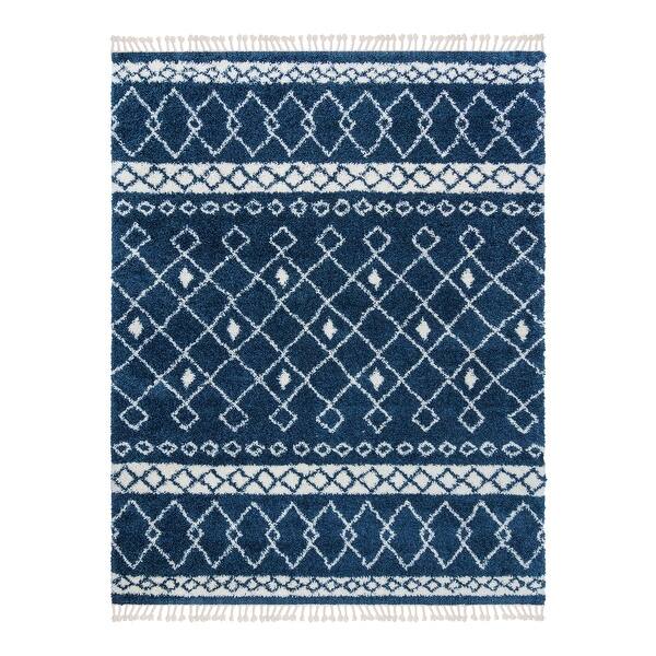 Gertmenian Limmet Clara Moroccan Bohemian Navy Blue/Ivory Plush Fringe ...