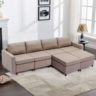 4-seat Brown Modular Sectional Sponge Upholstered Couch with Ottoman ...