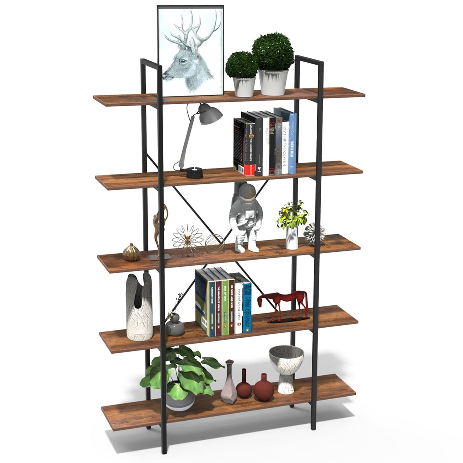 Multipurpose 4-Tier Industrial Leaning Wall Bookcase with Metal Frame ...