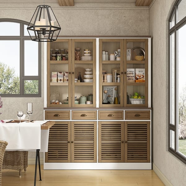 Two-Tone Louvered Door Storage Cabinet with Four Drawers Buffet Pantry ...