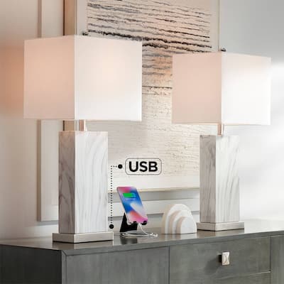 Set of 2 Modern Table Lamps with USB Port Gold Rectangular White - 16 ...
