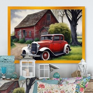 Designart "Old Vintage Car At The Barn" Farmhouse / Country Framed Art ...