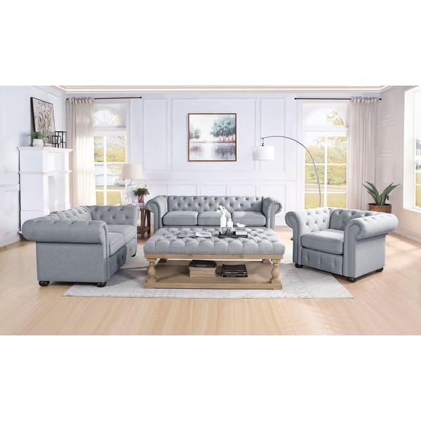 Corvus Aleksis 4-piece Tufted Rolled Arm Chesterfield Sofa and Ottoman ...