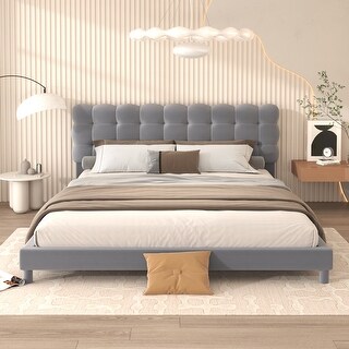 "Gray Upholstered Platform Bed Frame for Queen Mattress - No Box Spring ...