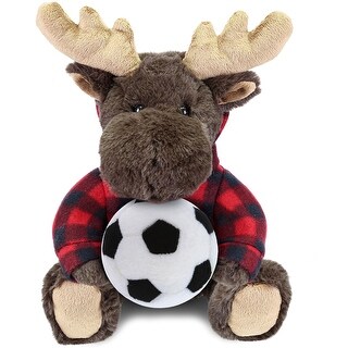 DolliBu Moose Stuffed Toy with Soccer Ball Plush and Red Plaid Hoodie ...