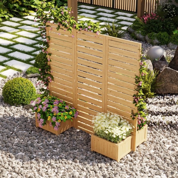 Cedar Tri-Fold Privacy Screen with 4 Planter Boxes, Weather-Resistant ...