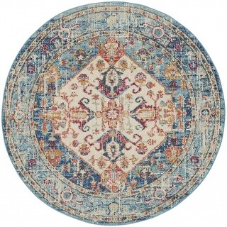 4' Round Ivory and Light Blue Distressed Area Rug - 3'6" - Bed Bath ...
