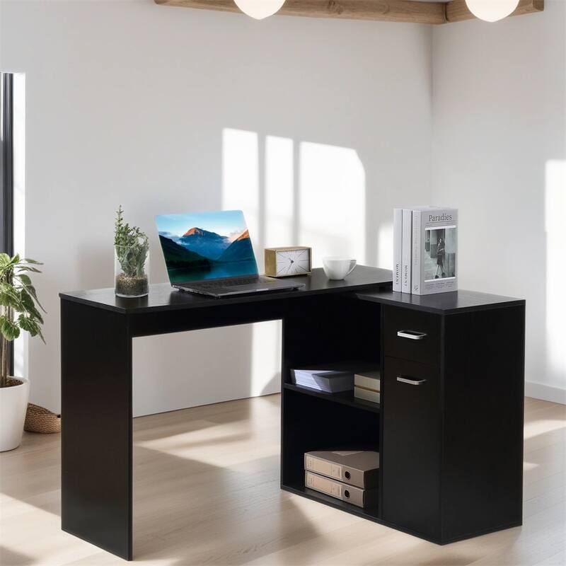 180°Rotating L Shaped Computer Desk with Storage Shelves and Drawer ...