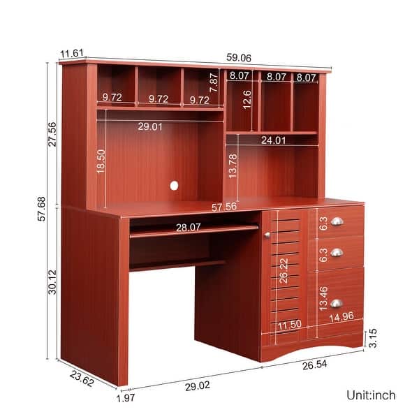 Wooden Office Computer Desk with 2-tier Open Shelf and 3 Large Drawer ...
