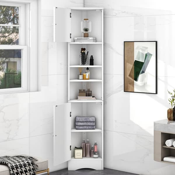 Triangle Tall Corner Cabinet Bathroom White Cabinet with Doors and ...