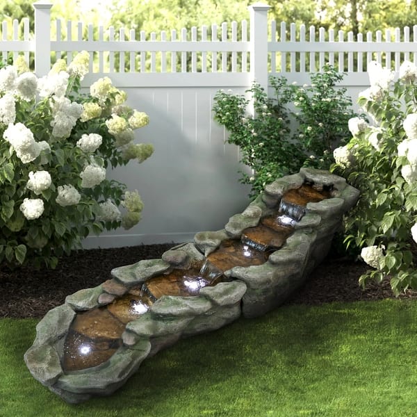 83.4-inch L Outdoor Tiered Rocky River Stream Fountain w/LED Lights ...