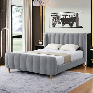 Gray Solid Wood Queen Tufted Upholstered Velvet Bed Frame - Bed Bath ...