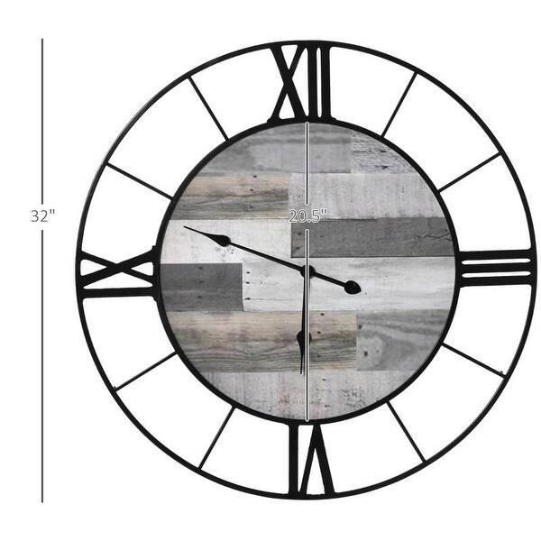 Large 32-inch Roman Numeral Wall Clock Black Metal with Grey Wood ...