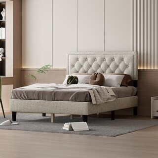 Queen Size Linen Bed Frame with Adjustable Button-tufted Headboard ...