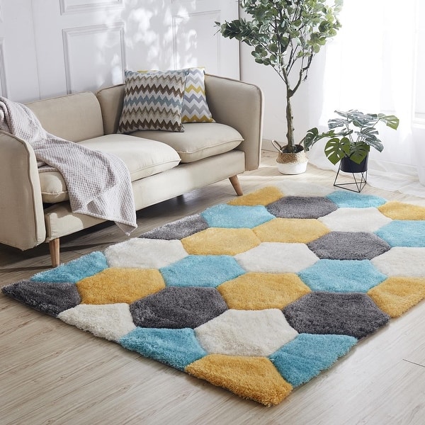 Mateos Shag Collection Blue/Gold Abstract Area Rug - Bed Bath & Beyond ...