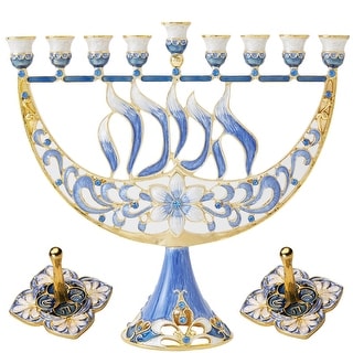 Jewish Holiday Gift Set - Blue & White Floral Menorah & 2 Hand-Painted ...