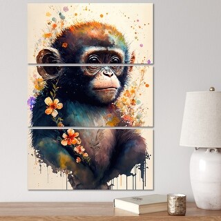 Designart "Cute Monkey Floral Art II" Animals Monkey Canvas Art Print ...