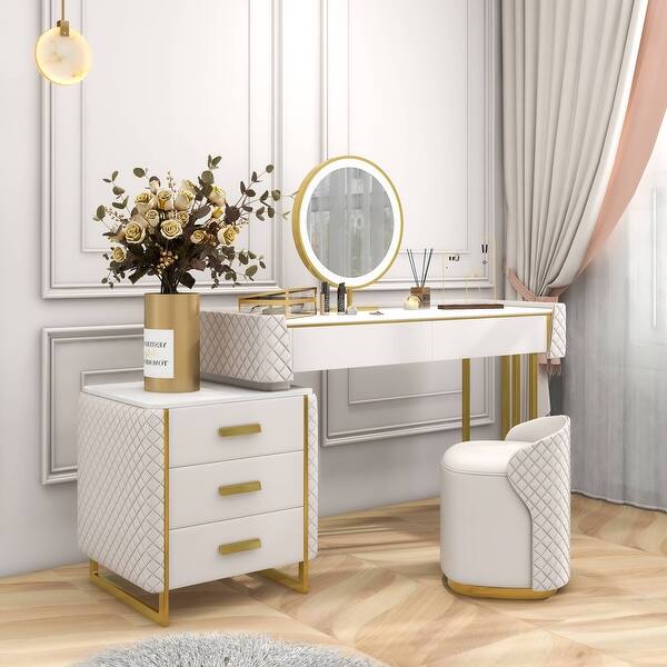 Luxury Makeup Vanity Dressing Table Set with Side Cabinet, LED Lighted ...