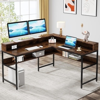L-Shaped Compute Desk with Monitor Stand and Storage Shelf, Rustic ...