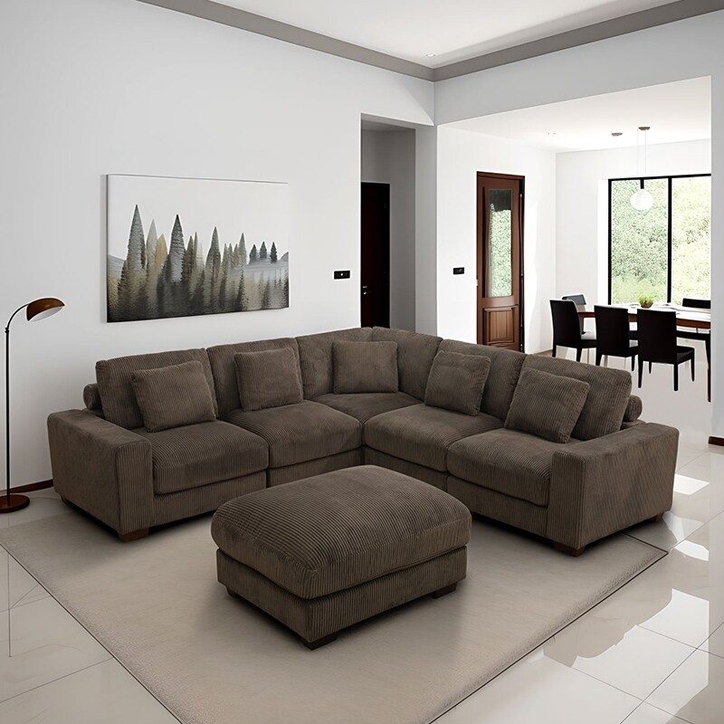 97'' Brown Corduroy Upholstered L-Shaped Corner Sectional Sofa with ...