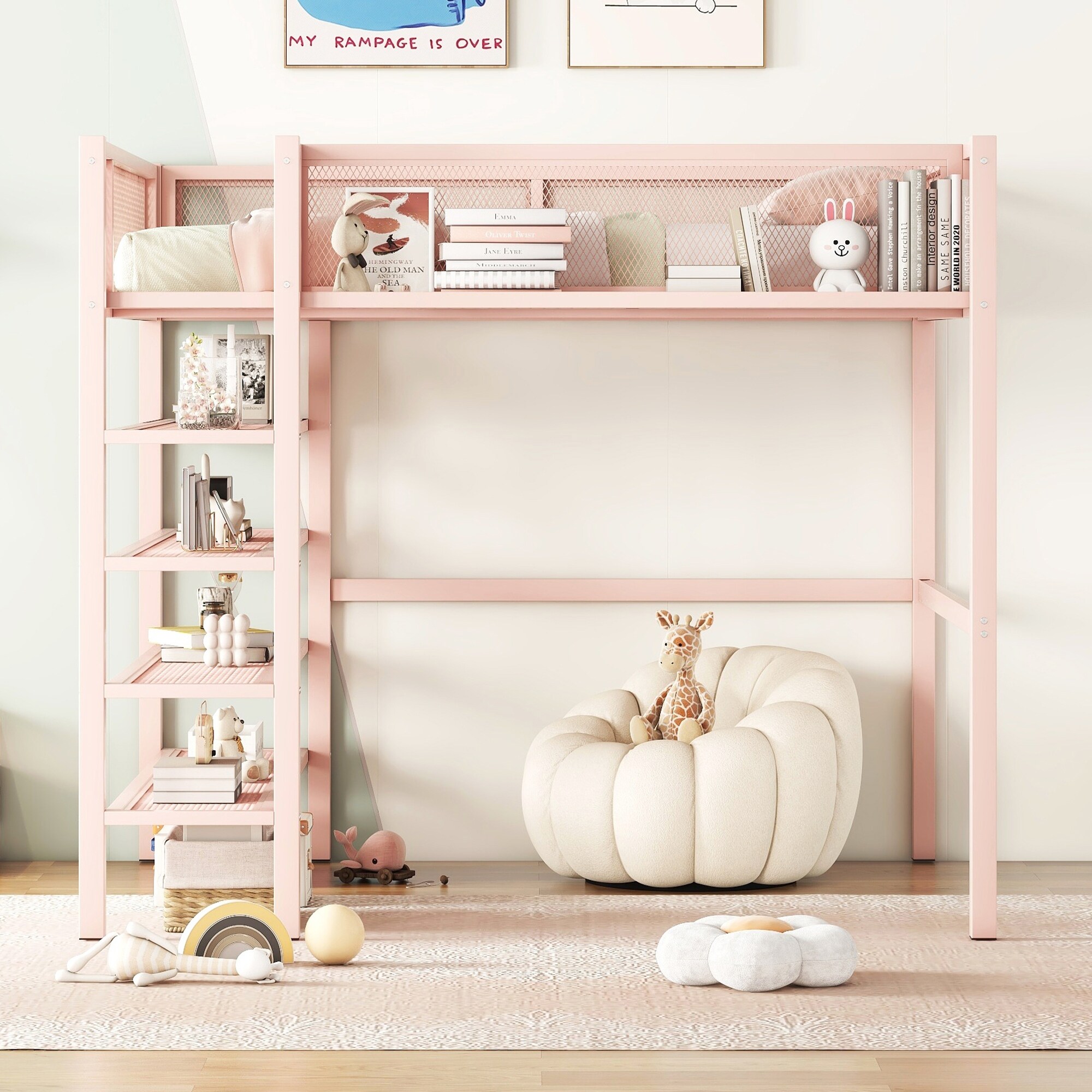 Full Size Loft Bed Frame with 4 Tier Shelves and Storage Metal Loft Bed with Storage Shelf and Ladder for Kids Teens Pink Bed Bath Beyond 40758229