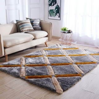 Mateos Shag Collection Grey/Gold Geometric Area Rug - Bed Bath & Beyond ...