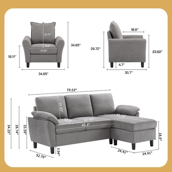 3 Piece Living Room Sectional Sofa Set with Chair and Ottoman