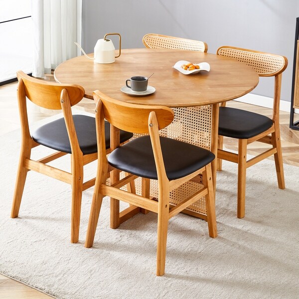 EDWINRAYLLC 6 Piece Dining Set Compact Mid Century Modern Table with 4 Solid Wood Chairs and Rattan Table Legs for Home Dining Room