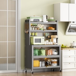 5 Tier 63" Metal Kitchen Storage Cabinets with 10 Hooks,Microwave Stand ...