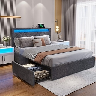 LED Queen Bed Frame with Drawers Upholstered Platform Bed - Bed Bath ...